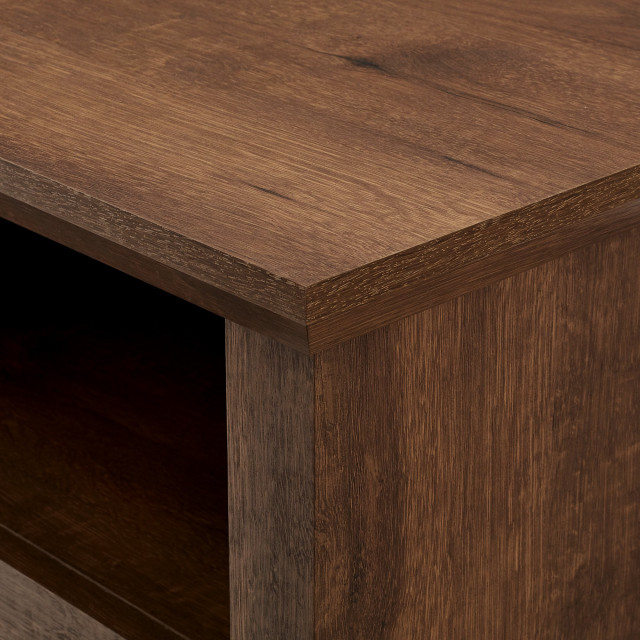 Farmhouse Walnut Corner TV Stand with Glass Doors and Black Metal Pulls ...