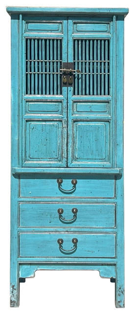 Distressed Aqua Blue Slim Wood Carving Shutter Doors Storage Cabinet ...