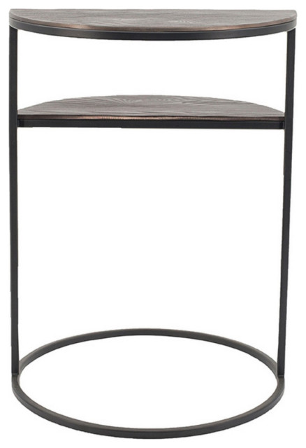 22" Modern Metal Round Accent Table, 2 Half Circle Shelves, Wood, Brown ...