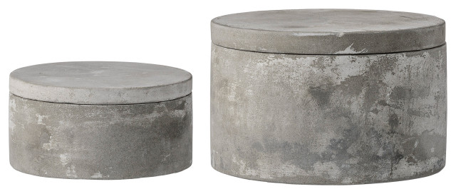 Gray Round Decorative Cement Boxes With Lids, 2-Piece Set - Industrial ...