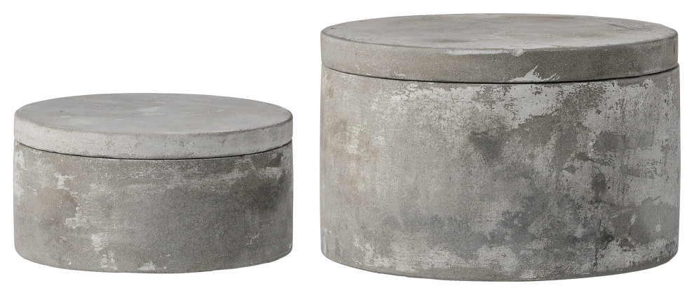 Gray Round Decorative Cement Boxes With Lids, 2-Piece Set - Industrial ...