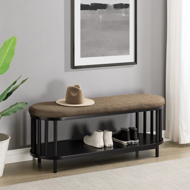 Black Entryway Bench with Upholstered Seat, Oval Design, and Spindle ...