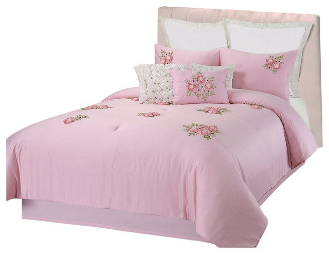 Rosetta Floral Bouquet Applique Pink 9 Piece Comforter Bed In A Bag Set ...