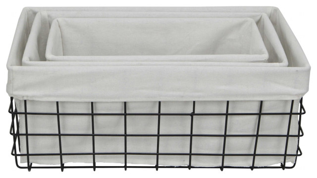 HomeRoots Set of 3 Rectangular White Lined and Metal Wire Baskets ...
