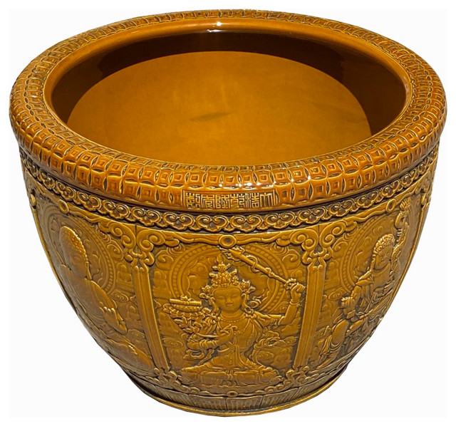 Chinese Ceramic Buddhas Relief Motif Yellow Brown Color Pot Planter ...