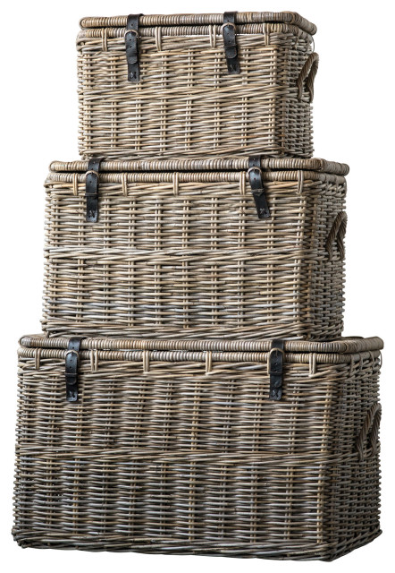 Rectangle Brown Rattan Baskets With Lids and Leather Buckles - Tropical ...