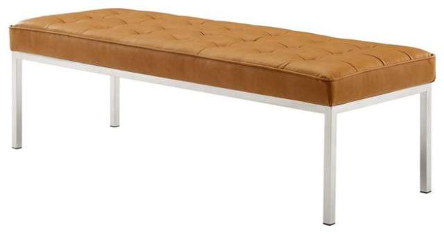 Retro Modern Tan Faux Leather Bench with Silver Base and Tufted Seat ...