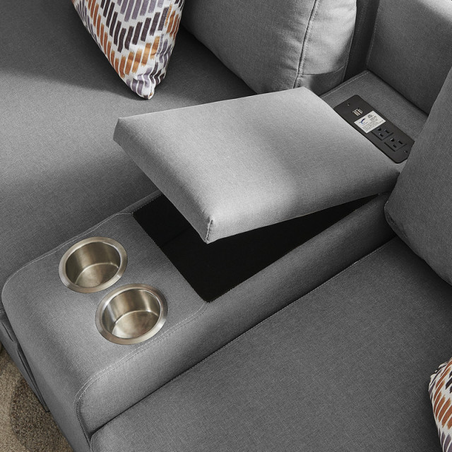 Amira Gray Fabric Reversible Modular Sectional, USB Console, Ottoman ...