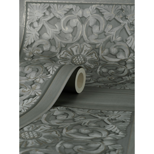 Albie Dark Grey Carved Panel Wallpaper, Swatch - French Country ...