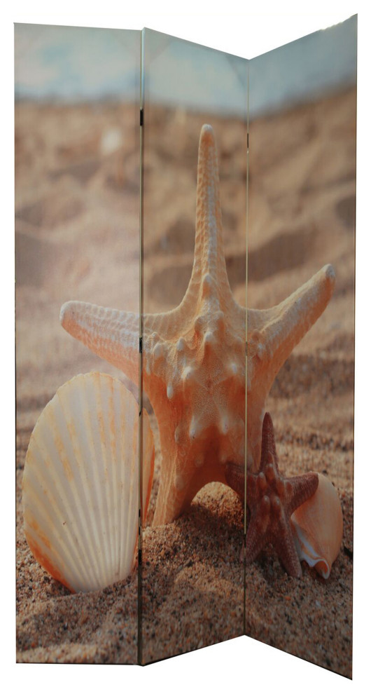 Benzara BM215087 3 Panel Room Divider, Beach Theme, Dual Side Print ...