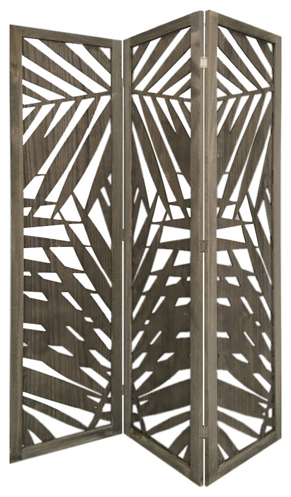 67" Gray Solid WoodFolding Three Panel Screen Room Divider - Tropical ...