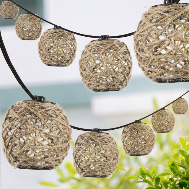 10-Light Indoor/Outdoor 10 ft C7 Globe Hemp Rope Shaded String Lights ...