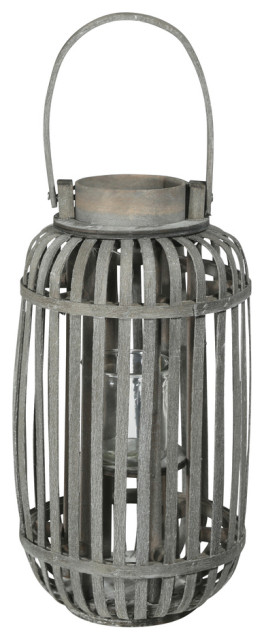 Round Tall Wood Lantern with Top Handle, Washed Gray Finish - Tropical ...