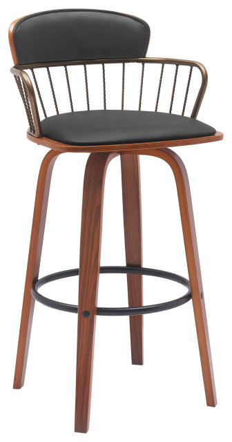 Willow 25.5" Swivel Walnut Wood Counter Stool, Black Faux Leather ...