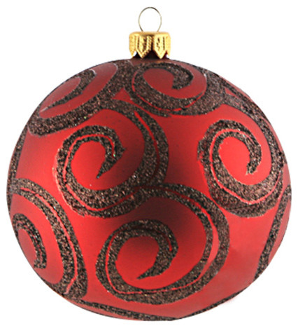 Large Ruby Ball Ornament With Glitter Scroll - Contemporary - Christmas ...