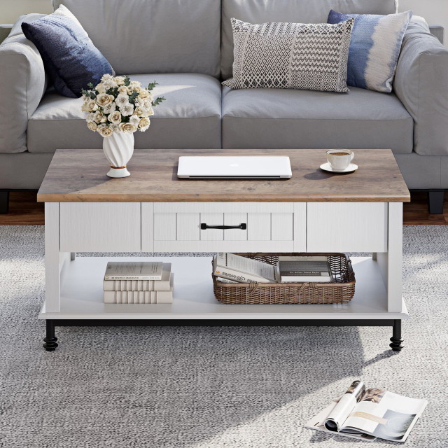 Farmhouse White Coffee Table with Storage Drawers and Lower Open Shelf ...