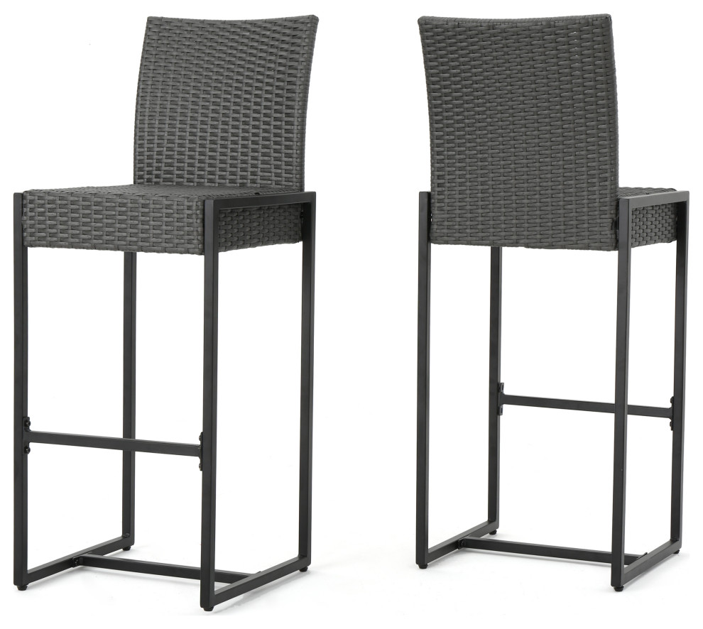 Alvaro Outdoor Gray Wicker Barstools, Set of 2 - Tropical - Outdoor Bar ...