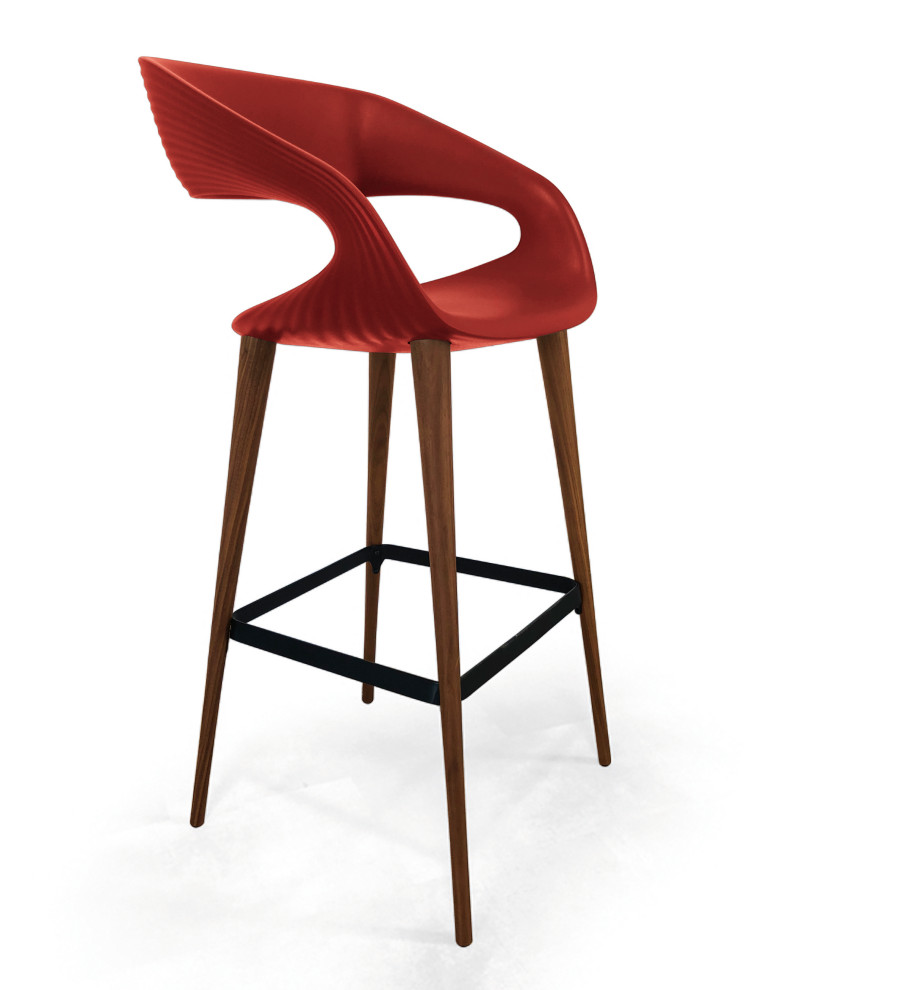 Angeles Barstool, Red Shell and Solid Walnut Legs With Black Steel ...