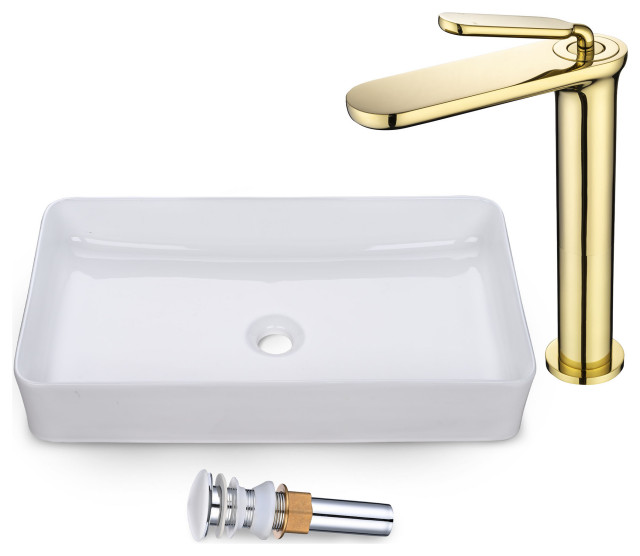 Rectangle Ceramic Bathroom Sink and Gold Vanity Mixer Faucet w/Pop Up ...