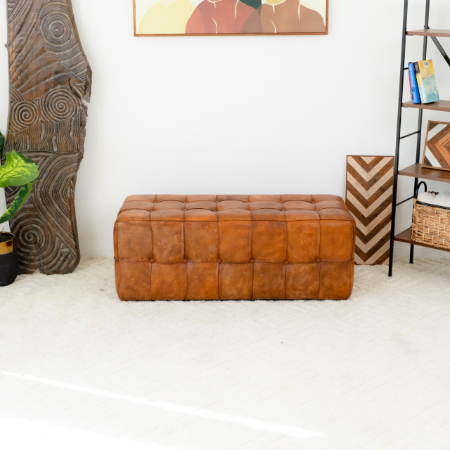 Bunta Mid-Century Modern Rectangular Genuine Leather Bench/Ottoman, Tan ...