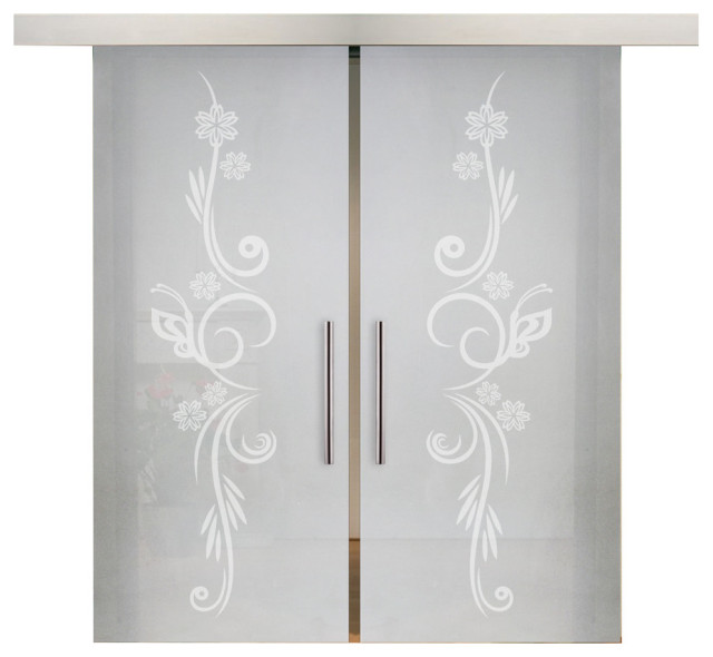 Double Sliding Barn Glass Door With Floral Design ALU100, 2x 32"x84 ...