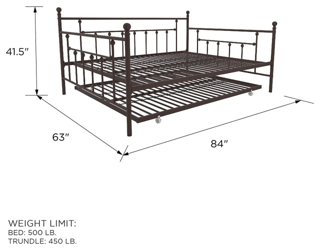 Bronze Queen Metal Daybed with Trundle, Slatted Headboard, and Armrest ...