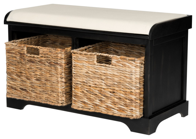 Contemporary Wicker Storage Bench with Linen Cushion, Pine Frame and ...