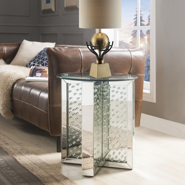 Elegant End Table, Mirrored Crossed Base With Faux Crystal Accents ...
