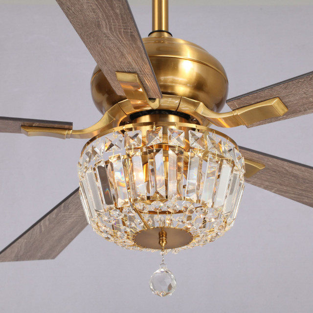 52 in Crystal Ceiling Fan with Remote Control in Gold - Traditional ...
