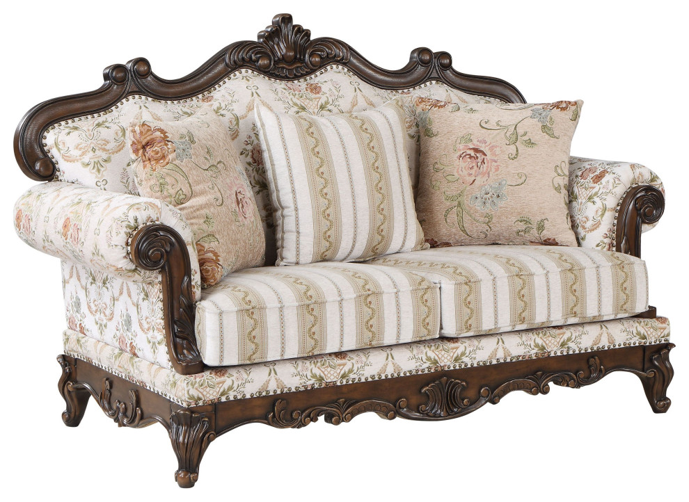 Nayla Loveseat With 3 Pillows, Pattern Fabric and Walnut Finish ...