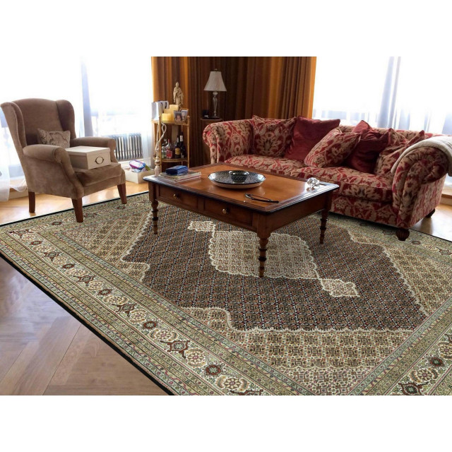 Smoky Black Hand Knotted All Wool Tebraz Mahi Fish Medallion Rug 9'8 ...