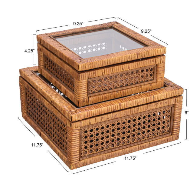 Olive Grove Woven Rattan Display Boxes, Glass Top - Tropical ...