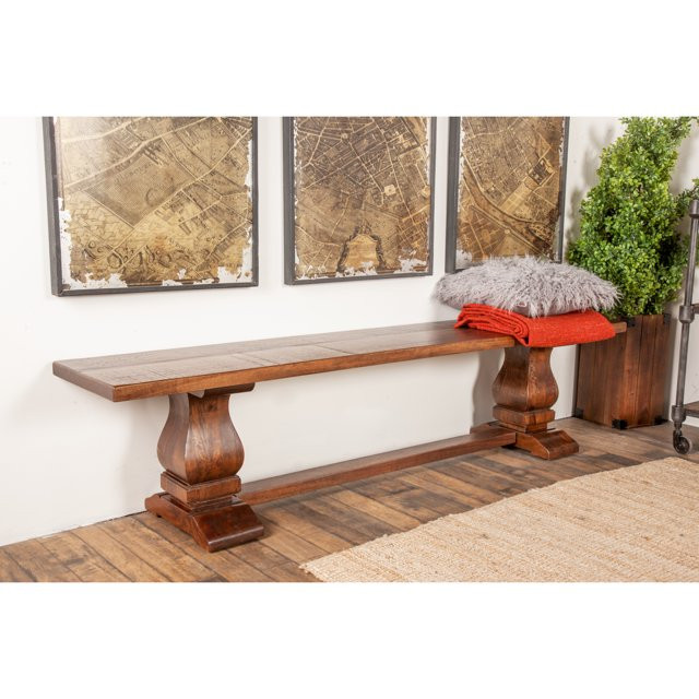 Rustic Mango Wood Dining Bench with Parquet Inlay and Carved Legs ...