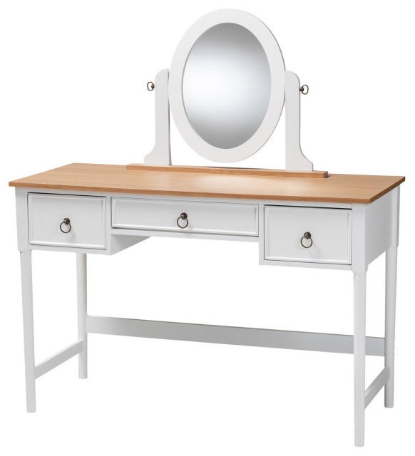 Transitional Vanity Table, Adjustable Round Mirror & 3 Storage Drawers ...
