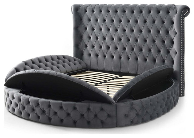 Maklaine Contemporary Upholstered Round Storage Queen Bed in Gray ...