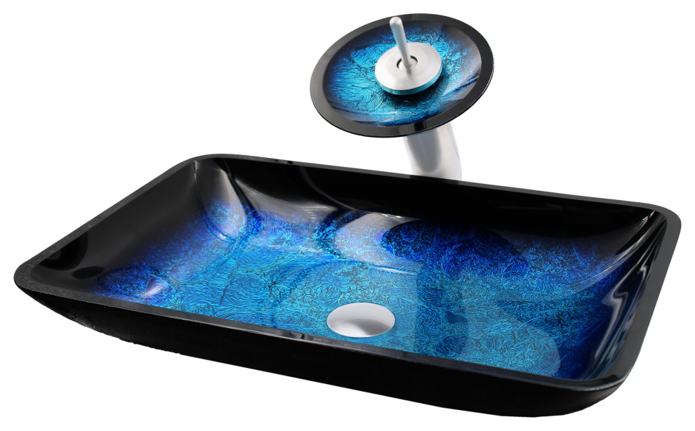 The Fresca Rectangle Shallow Blue Foiled Glass Bath Sink Combo Faucet ...