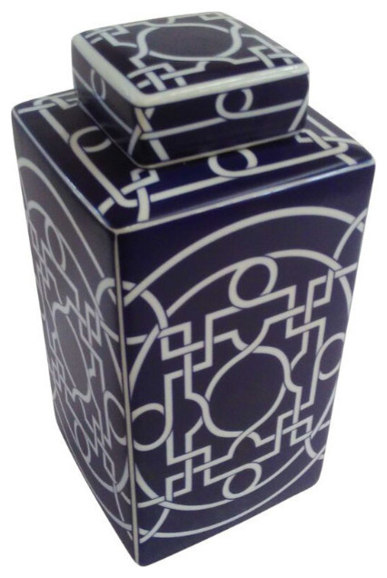 Blue Ceramic Covered Decorative Jar With White Strips - Contemporary ...