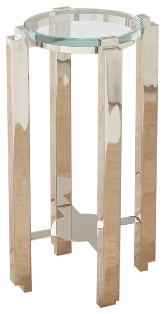 Luxe Shiny Silver Pedestal Table, Small Nickel Glass Top Round Chrome ...