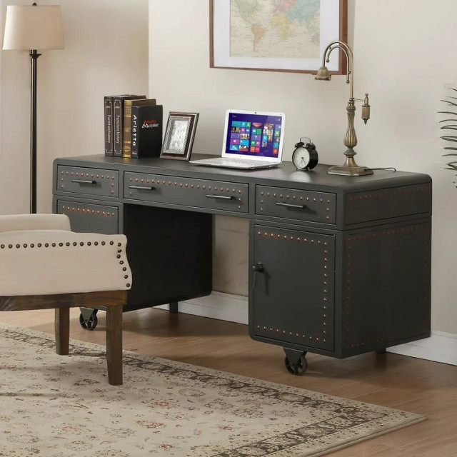 Industrial Desk, Sturdy Frame With Wheels & Dotted Accent Drawers ...