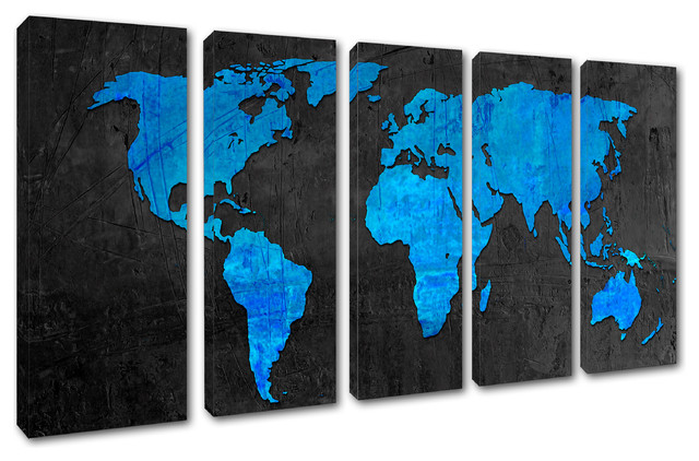 Dodger Blue and Matte Black World Map, Canvas Print, 5 Panel Split Wall ...