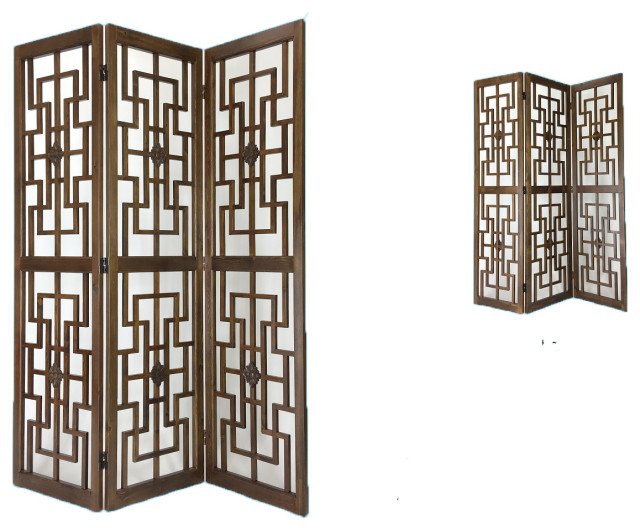 Benzara BM213454 3 Panel Room Divider with Intricate Square Design ...