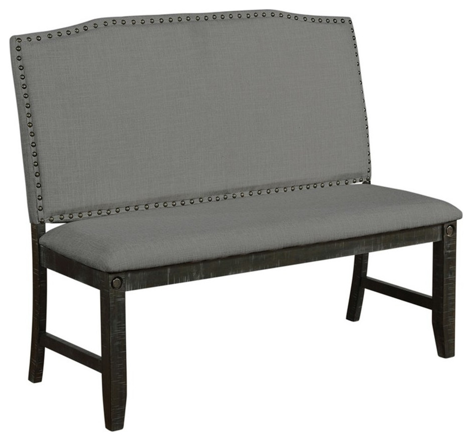 Rustic Dark Oak Dining Bench with Gray Linen Fabric in Standard Height ...