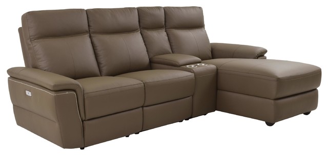 4-Piece Obara Power Sectional w No Power Chair Leather Brown Taupe ...