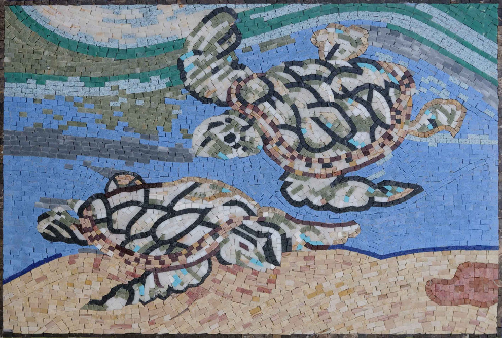 Marble Mosaic - Sea Turtles Design, 53" x 35" - Beach Style - Tile ...
