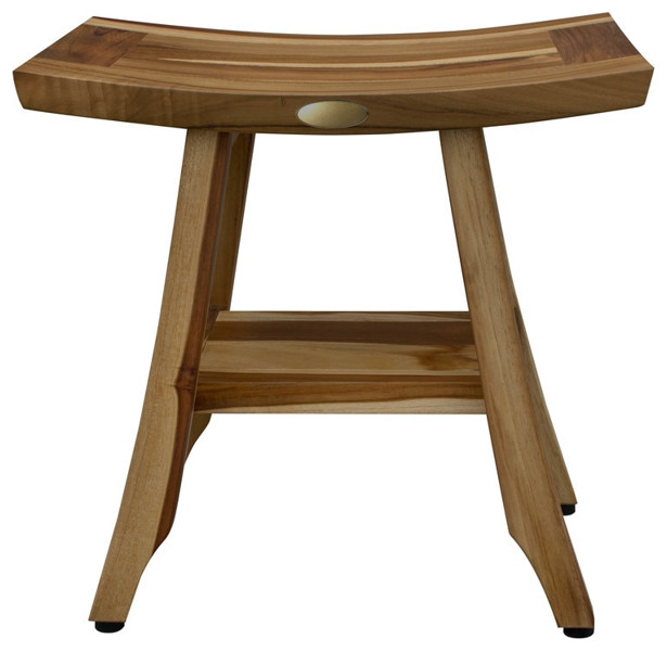 Compact Rectangular Teak Shower Outdoor Bench With Shelf In Natural ...