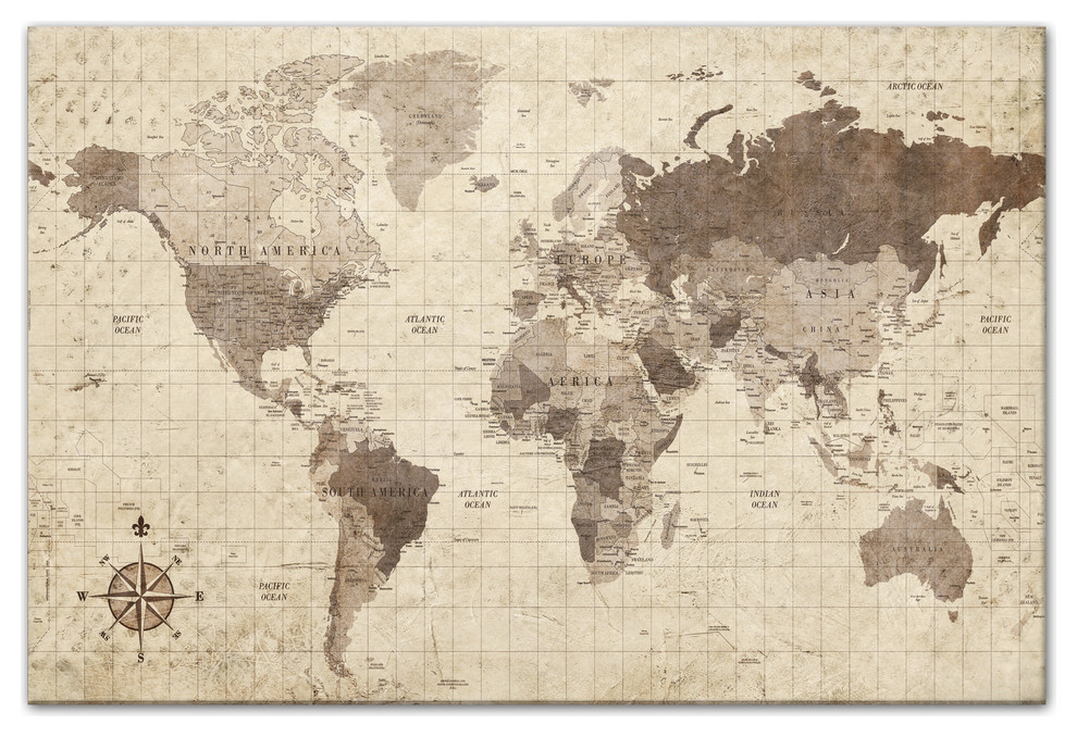Distressed World Map Canvas Wall Art, 32"x48" - Contemporary - Prints ...