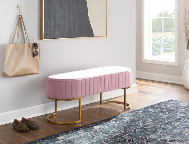 Demi Glam Pleated Bench, Gold Steel/Pink Velvet - Contemporary ...