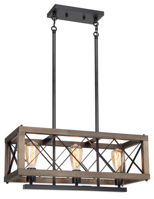 Farmhouse Chandelier, 3-Light Island Light Fixtures, Wood Rectangular ...