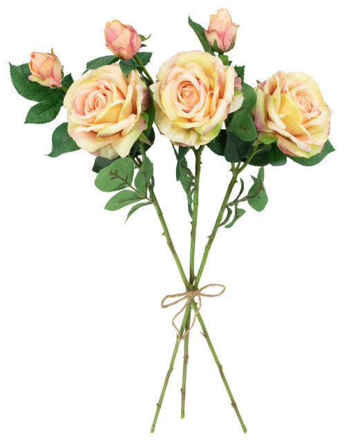 Set of 6 Cream and Pink Real Touch Artificial Rose Stems 26" - Modern ...