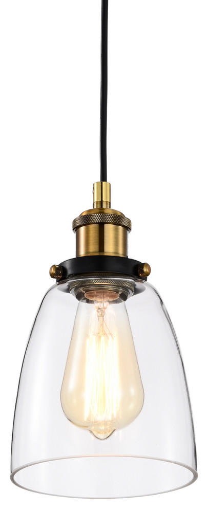 1-Light Black and Antique Brass Mini Pendant Light With Clear Bell ...